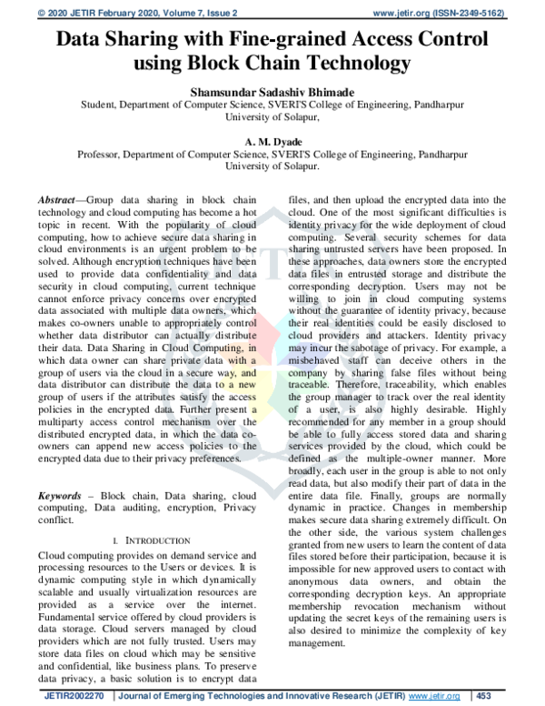 (PDF) Data Sharing with Fine-grained Access Control using Block chain Technology
