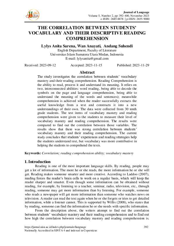 (PDF) The Correlation Between Students’ Vocabulary and Their Descriptive Reading Comprehension