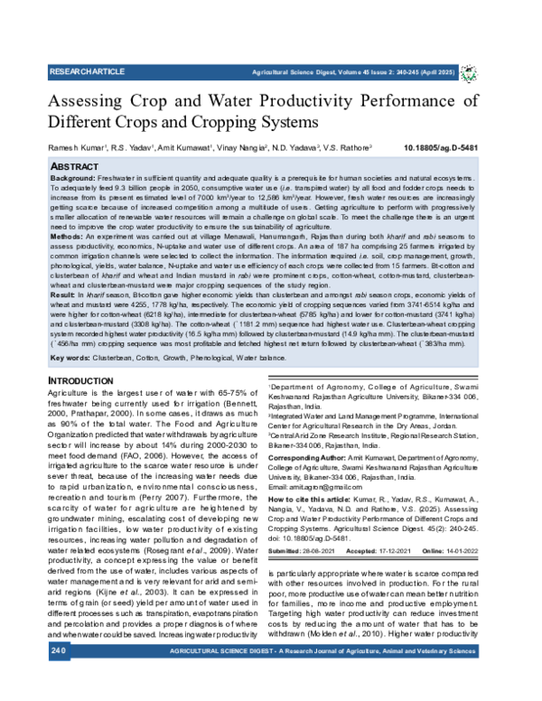 (PDF) Assessing Crop and Water Productivity Performance of Different ...
