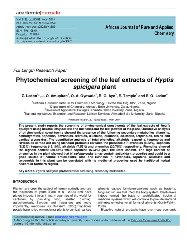 Pdf Phytochemical Screening Of The Leaf Extracts Of Hyptis Spicigera