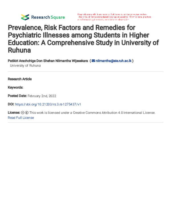 (PDF) Prevalence, Risk Factors and Remedies for Psychiatric Illnesses ...