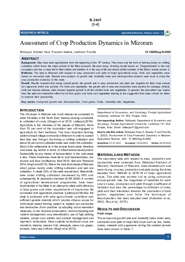 (PDF) Assessment of Crop Production Dynamics in Mizoram