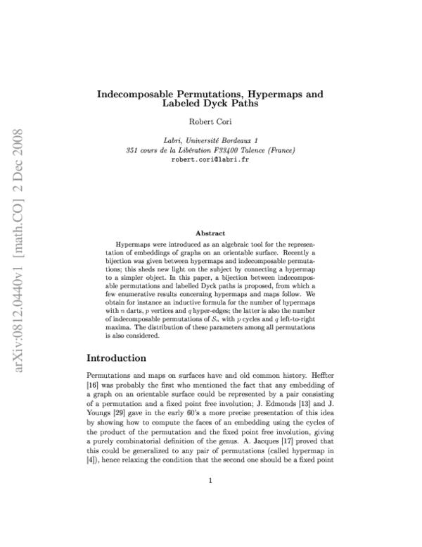 (PDF) Indecomposable permutations, hypermaps and labeled Dyck paths
