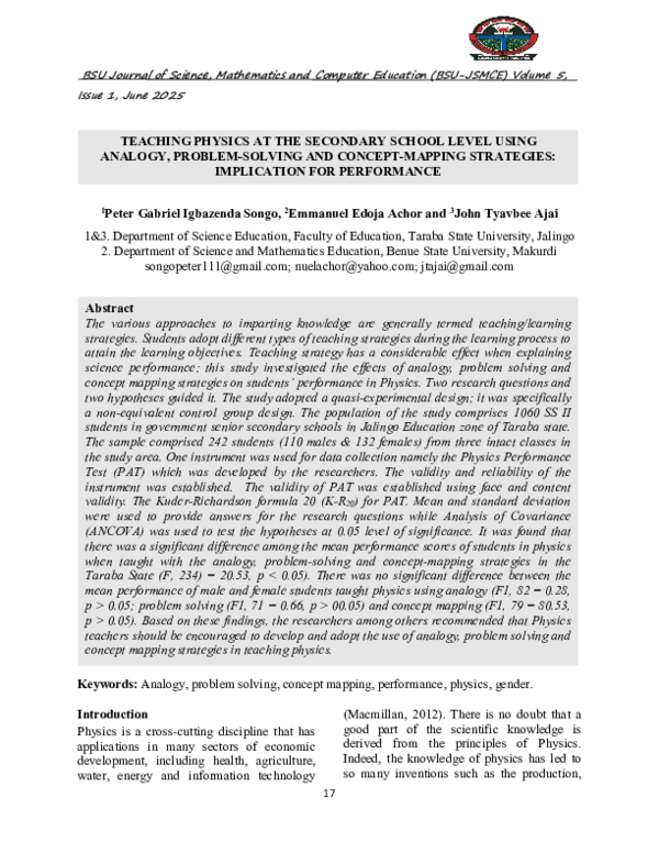 (PDF) TEACHING PHYSICS AT THE SECONDARY SCHOOL LEVEL USING ANALOGY, PROBLEM-SOLVING AND CONCEPT ...