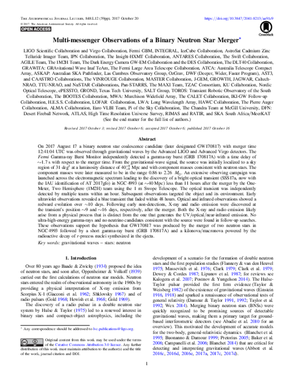 (PDF) Multi-messenger Observations of a Binary Neutron Star Merger