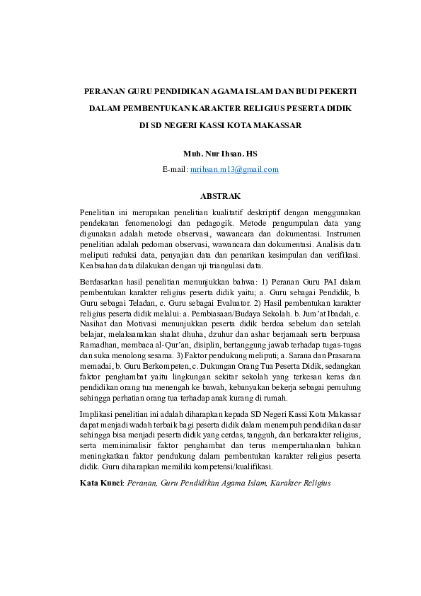 (PDF) PERANAN GURU PENDIDIKAN AGAMA ISLAM DAN BUDI PEKERTI DALAM PEMBENTUKAN KARAKTER RELIGIUS ...