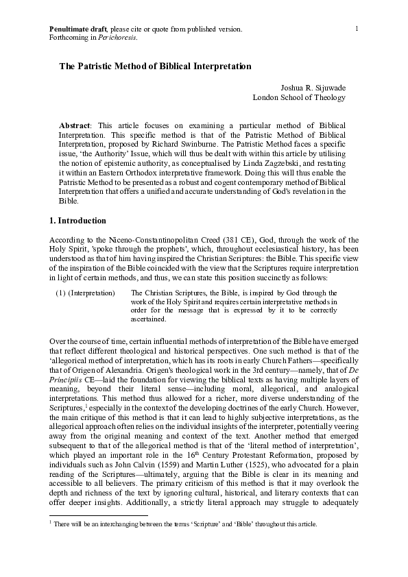 (PDF) The Patristic Method of Biblical Interpretation
