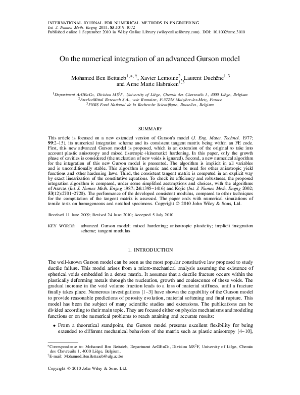 (PDF) On the numerical integration of an advanced Gurson model