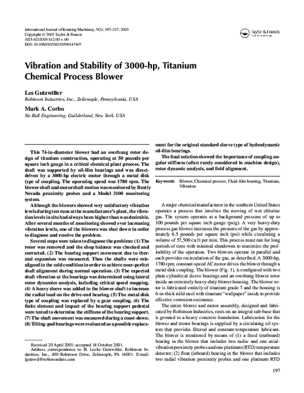(PDF) Vibration and Stability of 3000-hp, Titanium Chemical Process Blower