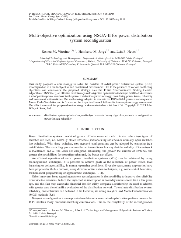 (PDF) Multi-objective optimization using NSGA-II for power distribution system reconfiguration
