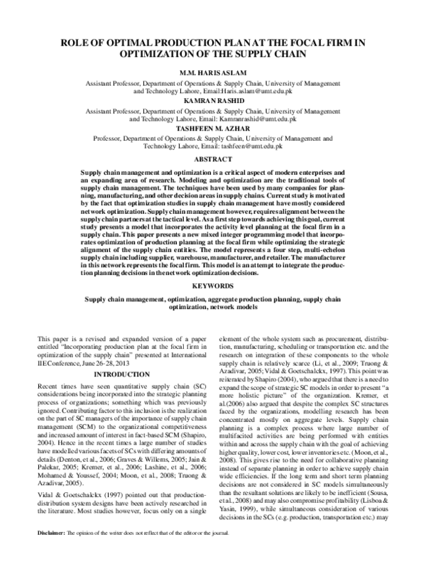 (PDF) ROLE OF OPTIMAL PRODUCTION PLAN AT THE FOCAL FIRM IN OPTIMIZATION ...