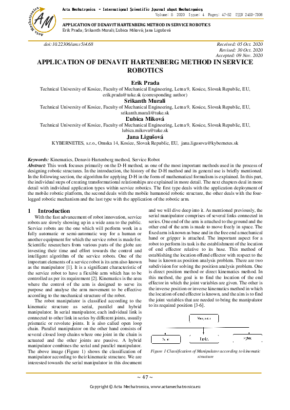 (PDF) Application of Denavit Hartenberg Method in Service Robotics