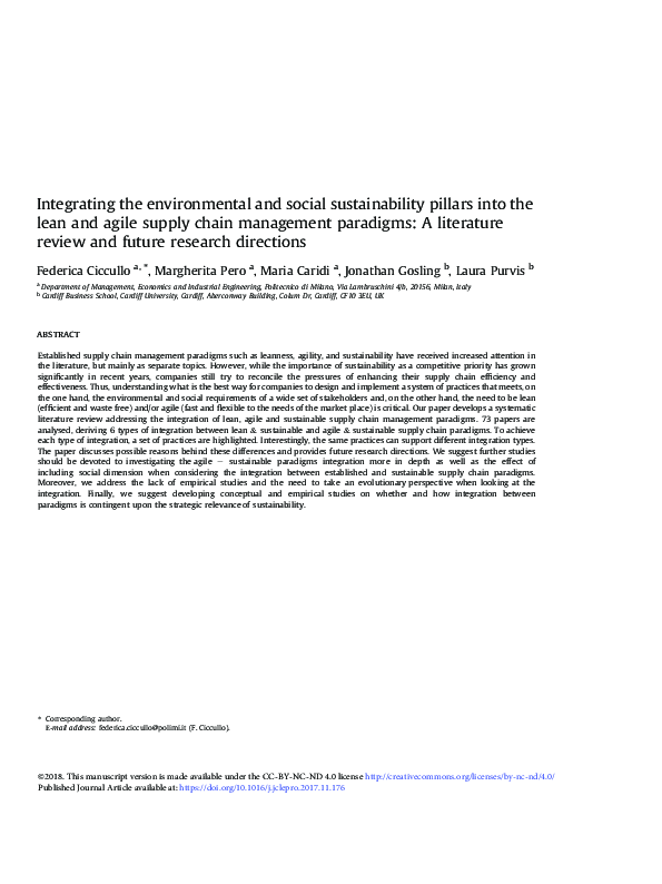 (PDF) Integrating the environmental and social sustainability pillars into the lean and agile ...