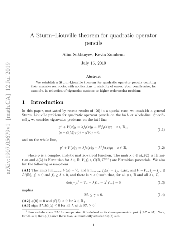 (PDF) A Sturm–Liouville theorem for quadratic operator pencils