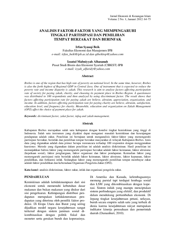 (PDF) Analisis Faktor-Faktor Yang Mempengaruhi Tingkat Partisipasi Dan Pemilihan Tempat Berzakat ...