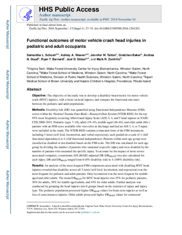 (PDF) Functional outcomes of motor vehicle crash head injuries in ...
