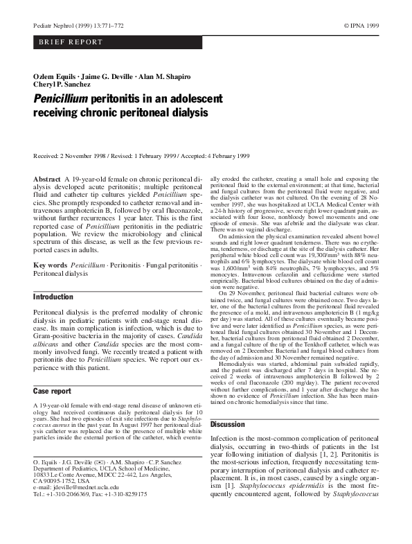 (PDF) Penicillium peritonitis in an adolescent receiving chronic ...