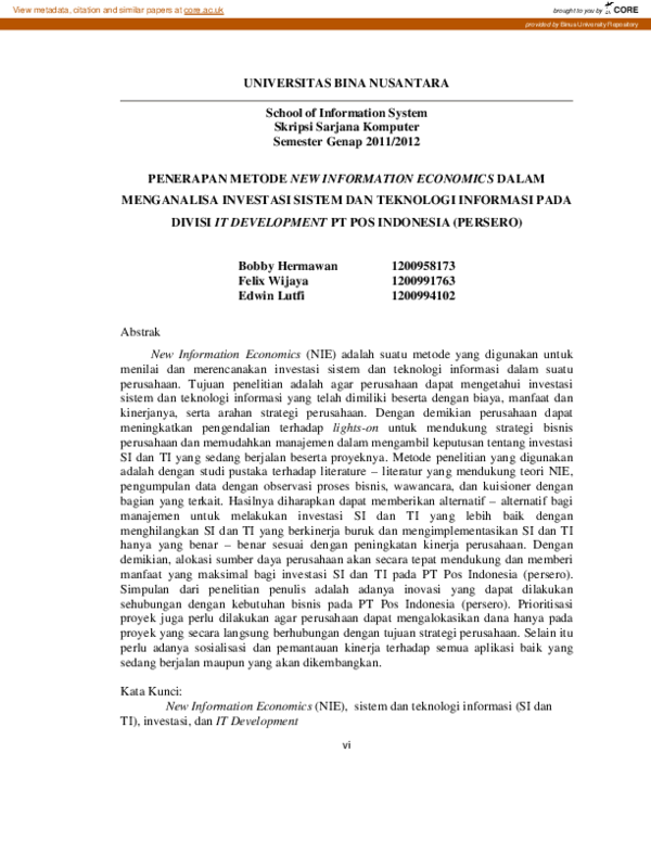 (PDF) Penerapan Metode New Information Economics Dalam Menganalisa Investasi Sistem Dan ...