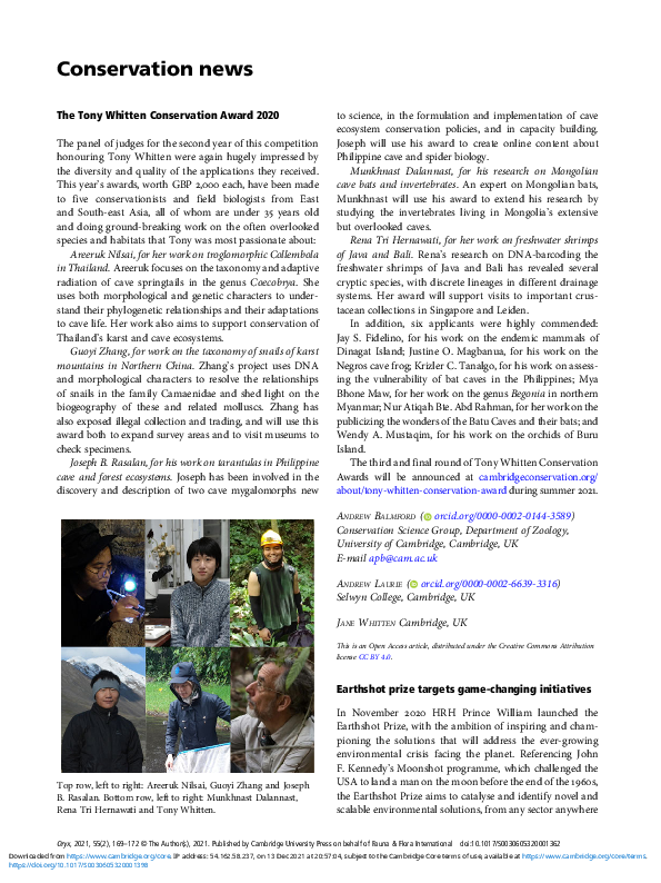 (PDF) The Tony Whitten Conservation Award 2020