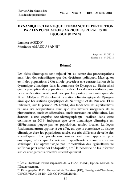 (PDF) Dynamique Climatique : Tendance et Perception Par Les Populations ...