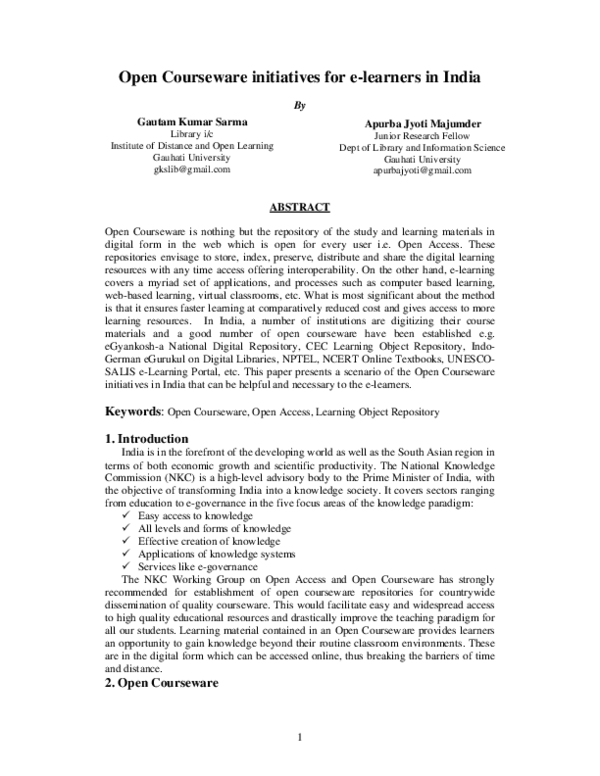 (PDF) Open Courseware initiatives for e-learners in India