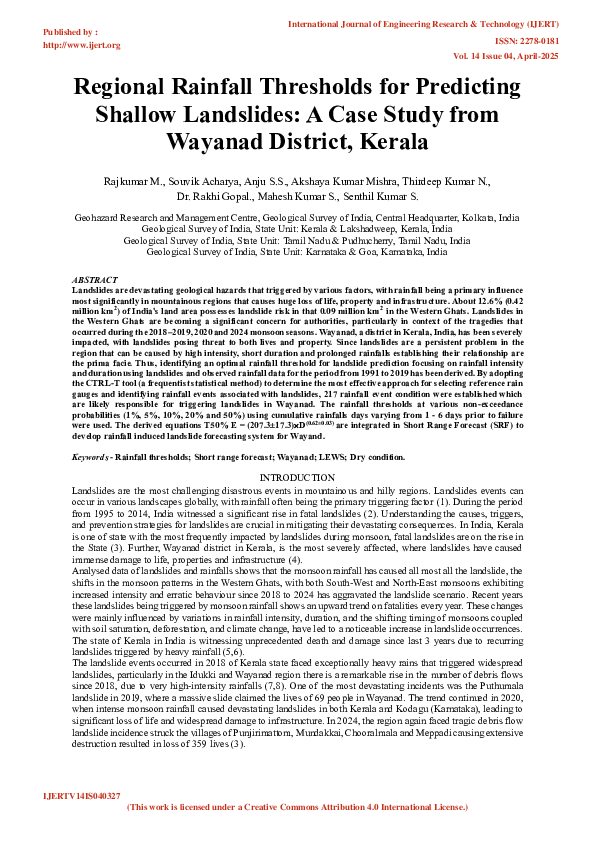 (PDF) Regional Rainfall Thresholds for Predicting Shallow Landslides: A Case Study from Wayanad ...