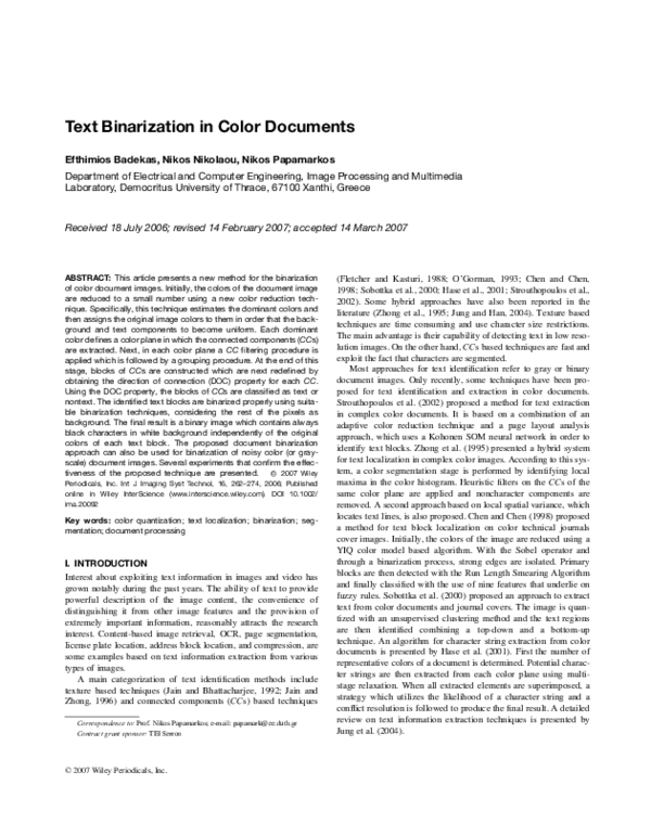 (PDF) Text binarization in color documents