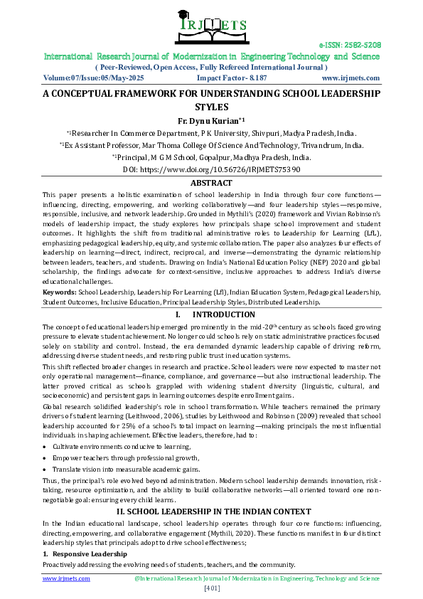 (PDF) A CONCEPTUAL FRAMEWORK FOR UNDERSTANDING SCHOOL LEADERSHIP STYLES