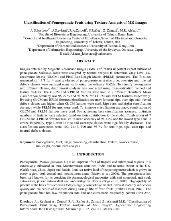 (PDF) Classification of Pomegranate Fruit Using Texture Analysis of MR Images