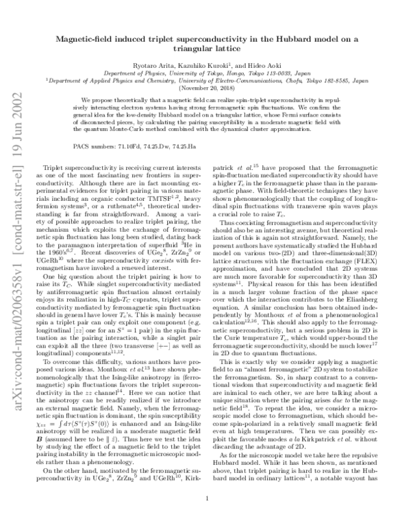(PDF) Magnetic-field induced triplet superconductivity in the Hubbard ...