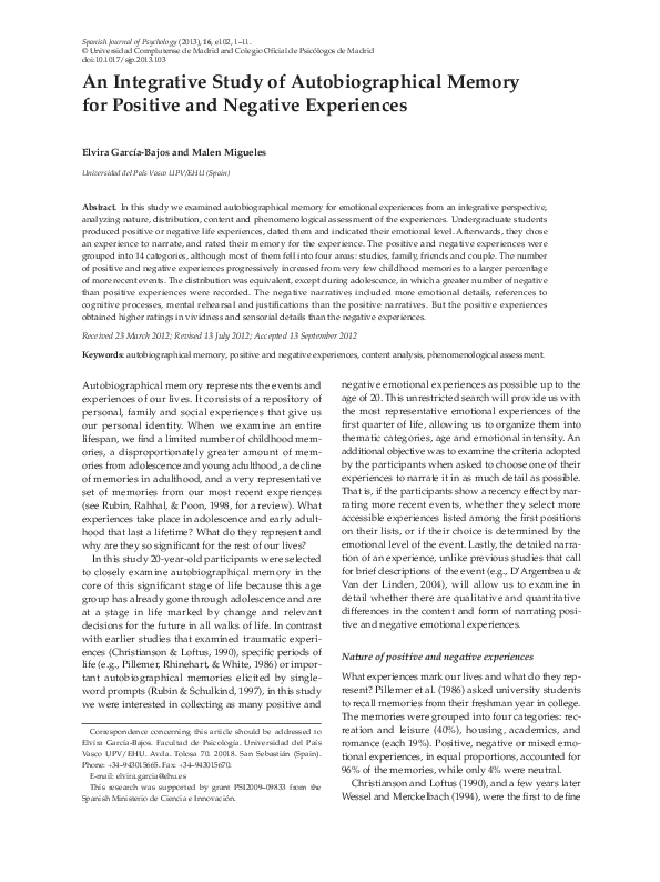 (PDF) An Integrative Study of Autobiographical Memory for Positive and ...