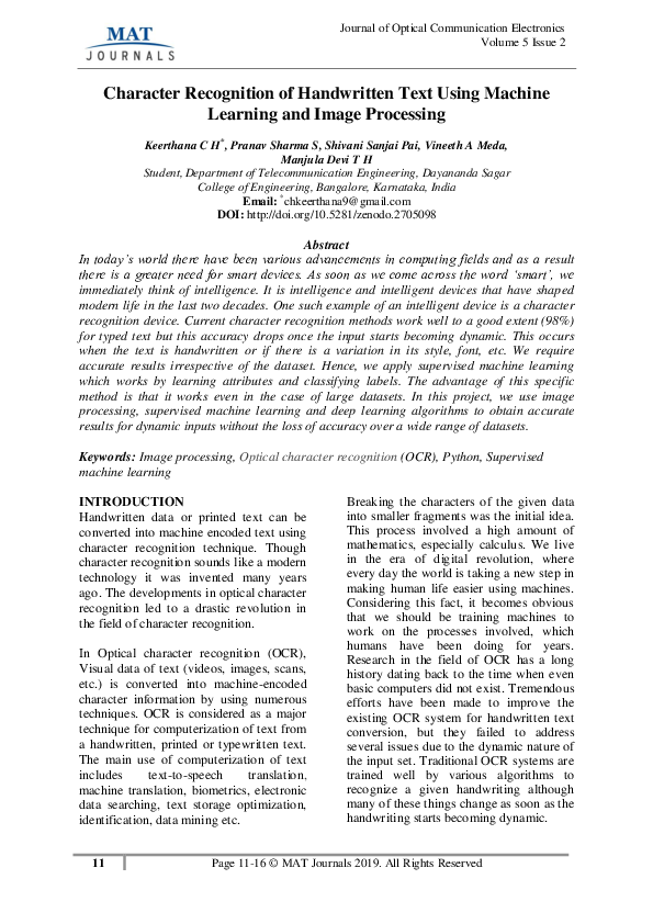 (PDF) Character Recognition of Handwritten Text Using Machine Learning and Image Processing