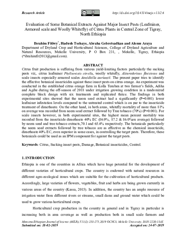 (PDF) Evaluation of Some Botanical Extracts Against Major Insect Pests (Leafminer, Armored scale ...