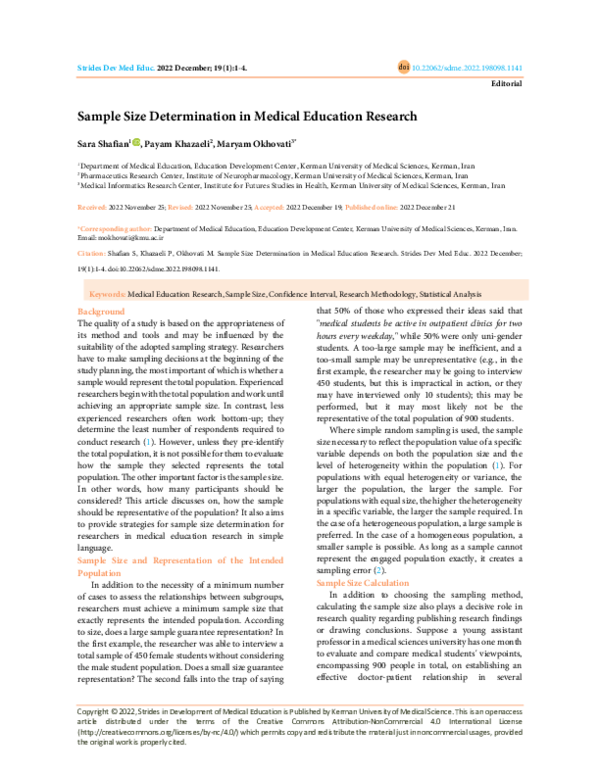 (PDF) Sample Size Determination in Medical Education Research