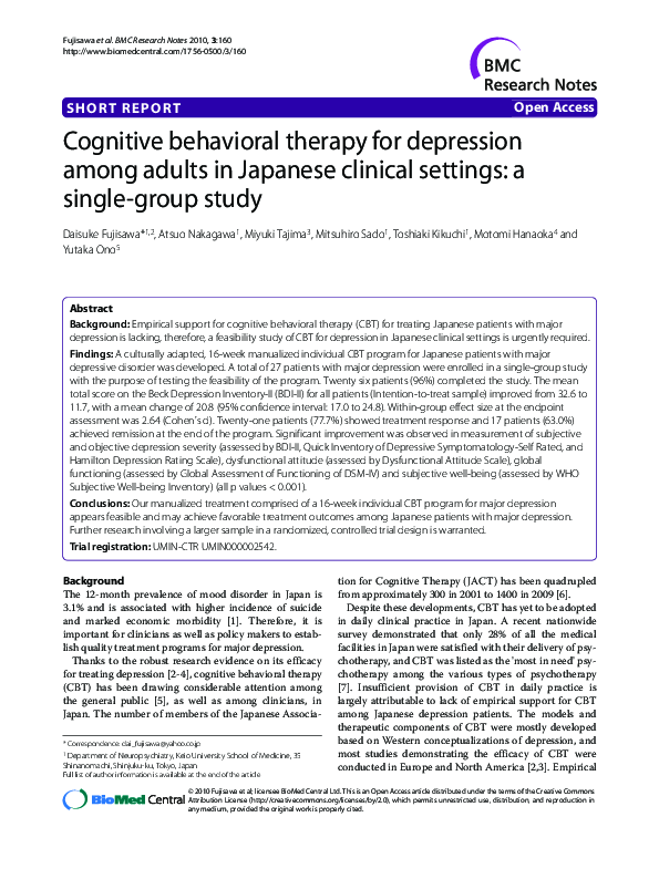 (PDF) Cognitive behavioral therapy for depression among adults in ...