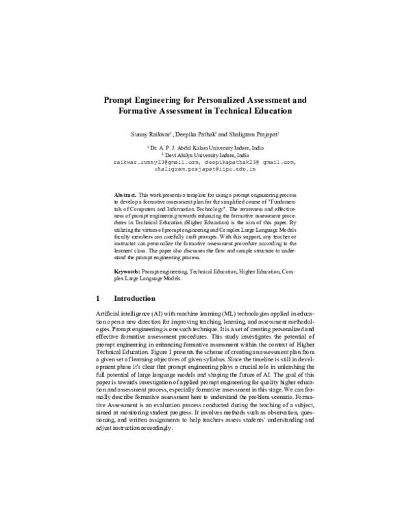 (PDF) Prompt Engineering for Personalized Assessment and Formative ...