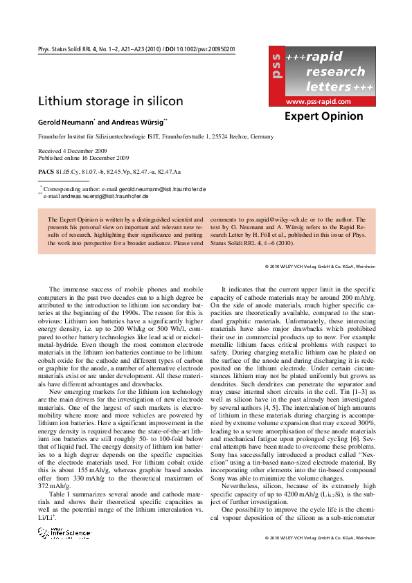 (PDF) Lithium storage in silicon