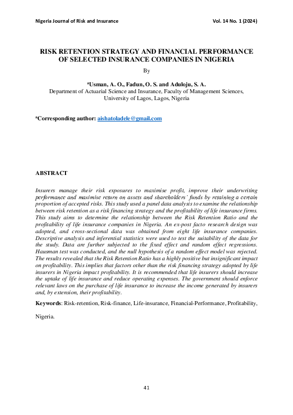 (PDF) Risk Retention Strategy and Financial Performance of Selected ...
