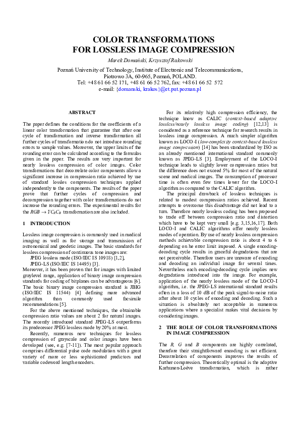 (PDF) Color transformations for lossless image compression