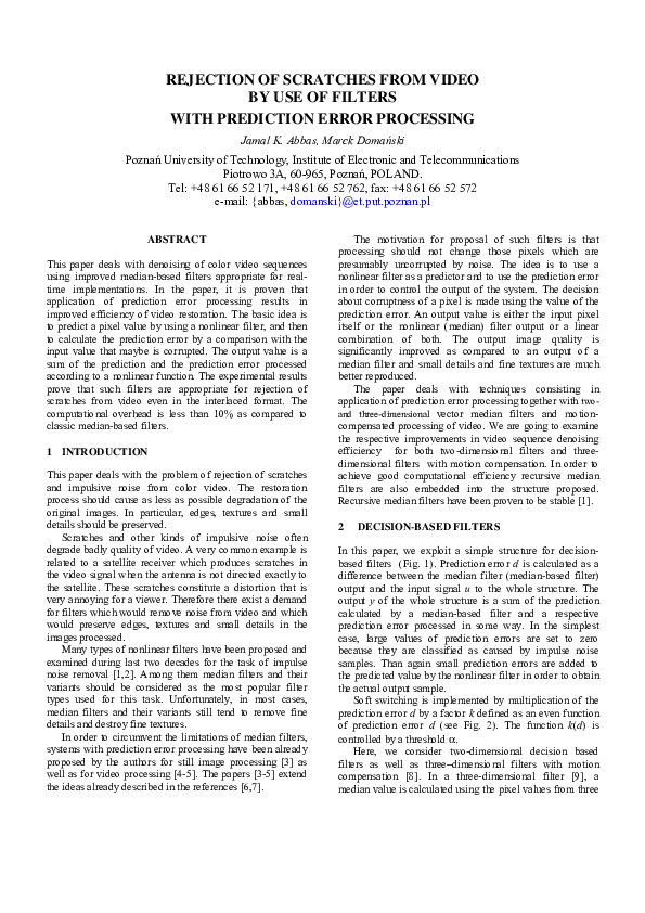 (PDF) Rejection of scratches from video by use of filters with ...