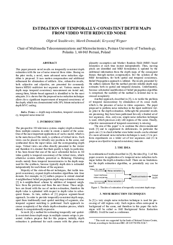 (PDF) Estimation of temporally-consistent depth maps from video with reduced noise