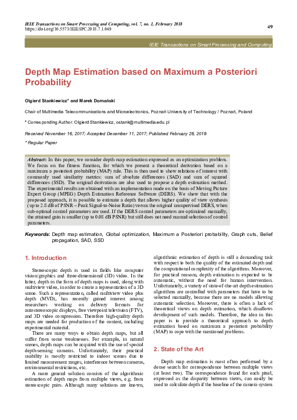 (PDF) Depth Map Estimation based on Maximum a Posteriori Probability