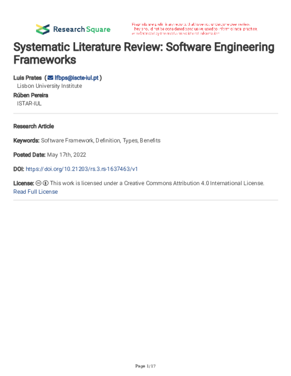 Pdf Systematic Literature Review Software Engineering Frameworks