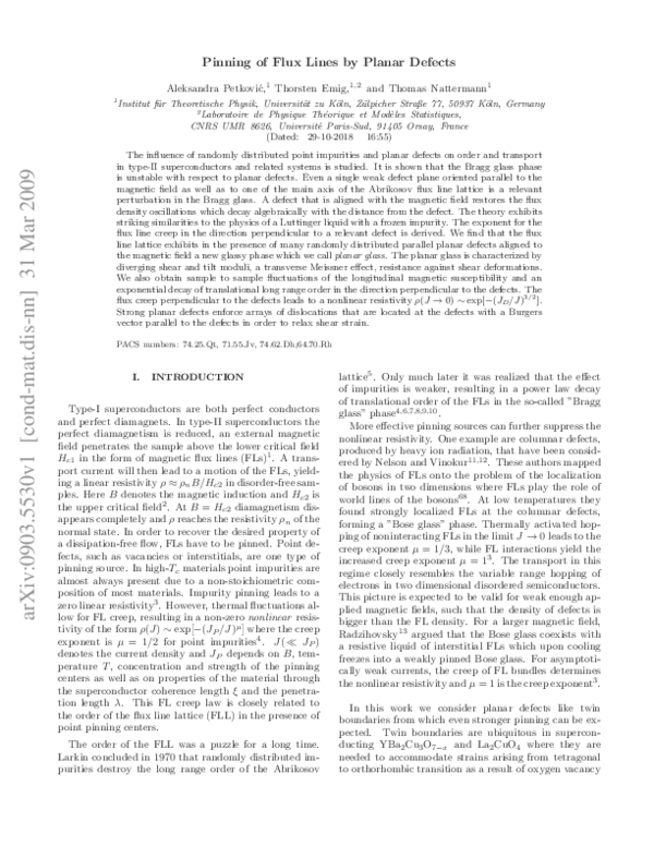 (PDF) Pinning of flux lines by planar defects