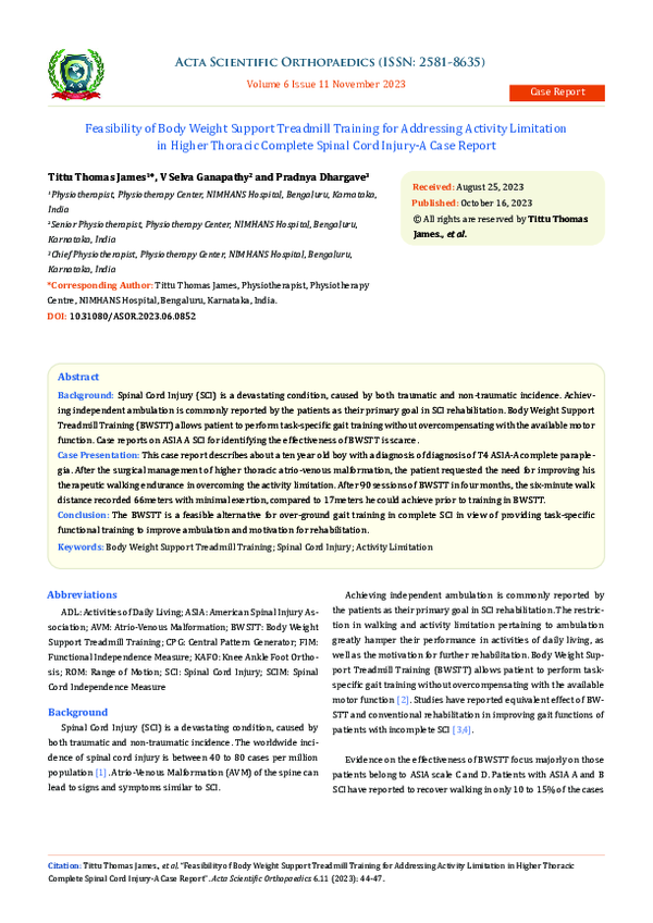 (PDF) Feasibility of Body Weight Support Treadmill Training for ...