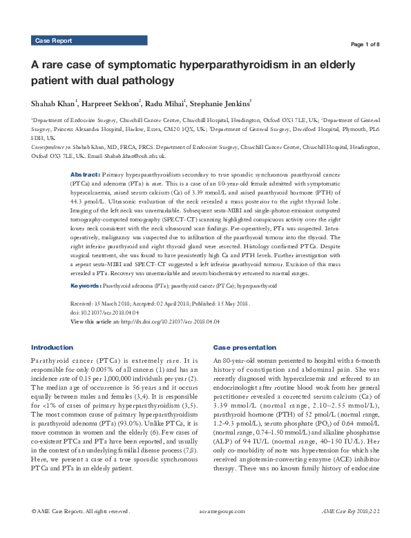 (PDF) A rare case of symptomatic hyperparathyroidism in an elderly ...
