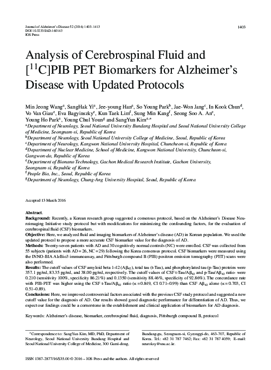 (PDF) Analysis of Cerebrospinal Fluid and [11C]PIB PET Biomarkers for ...