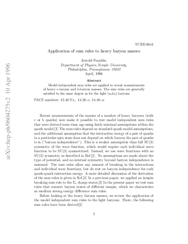 (PDF) Application of sum rules to heavy baryon masses