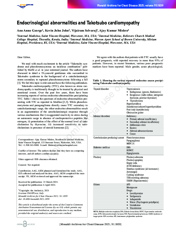 (PDF) Endocrinological abnormalities and Takotsubo cardiomyopathy