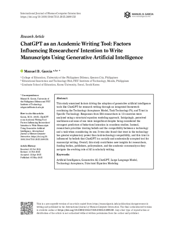 (PDF) ChatGPT as an Academic Writing Tool: Factors Influencing Researchers' Intention to Write ...